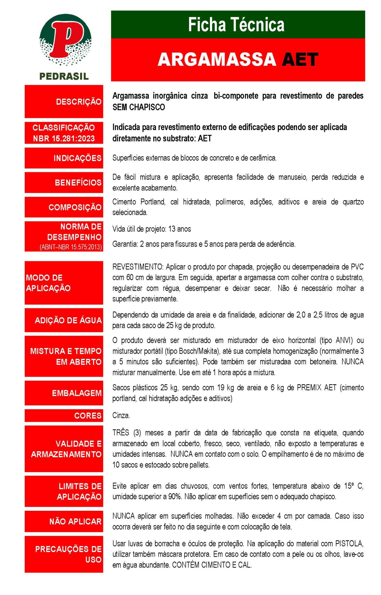 Ficha Técnica | Argamassa AET - Pedrasil